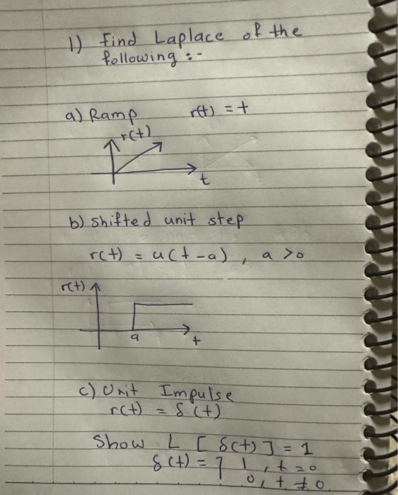 Solved 1) Find Laplace of the following:- a) Ramp r(t)=t b) | Chegg.com