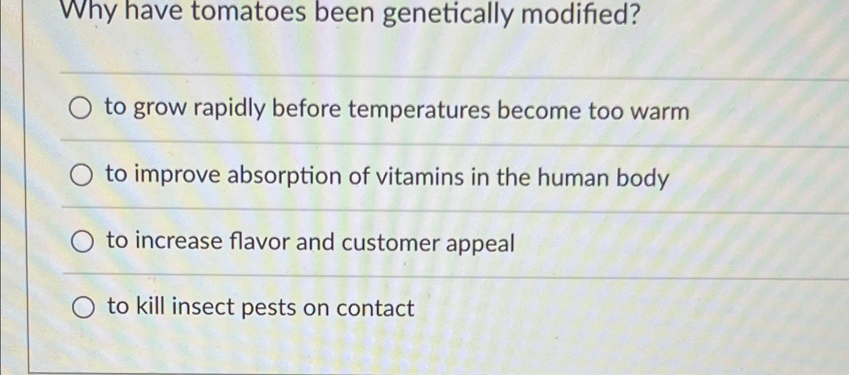 Solved Why have tomatoes been genetically modified?to grow | Chegg.com