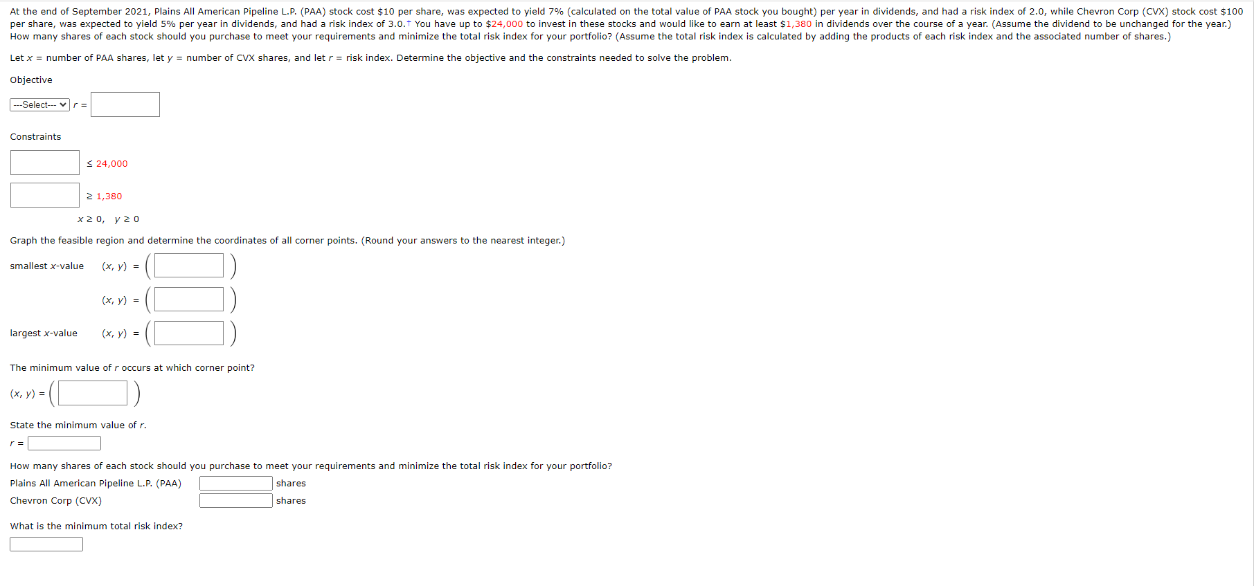 Solved Let x= ﻿number of PAA shares, let y= ﻿number of CVX | Chegg.com