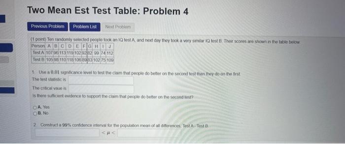Solved Two Mean Est Test Table: Problem 4 (t point) Ten | Chegg.com