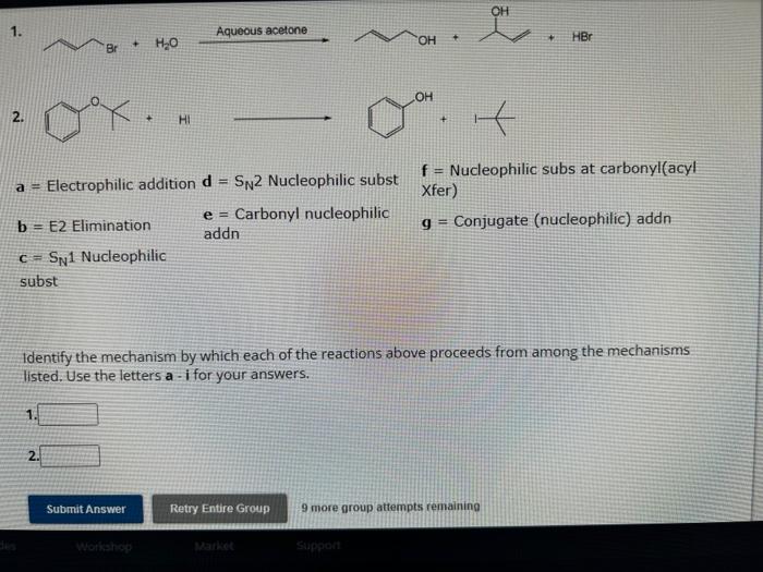 Solved 1. 2. cox b= E2 Elimination c = SN1 Nucleophilic | Chegg.com