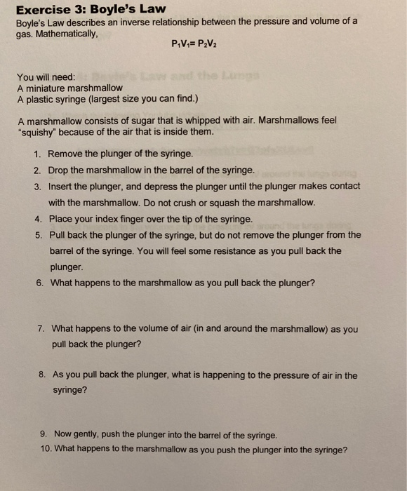 Solved Exercise 3: Boyle's Law Boyle's Law describes an | Chegg.com