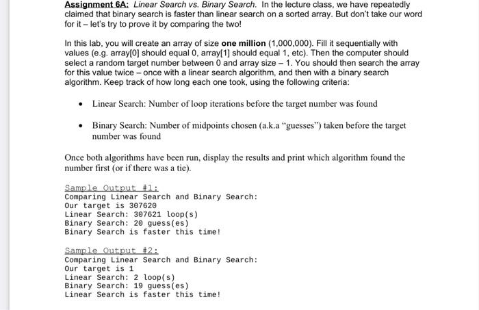 Solved Assignment 6a Linear Search Vs Binary Search In