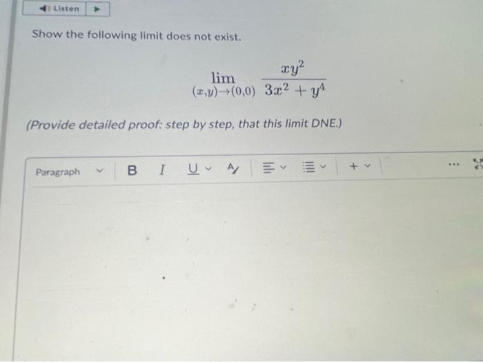 Solved Show the following limit does not exist. | Chegg.com