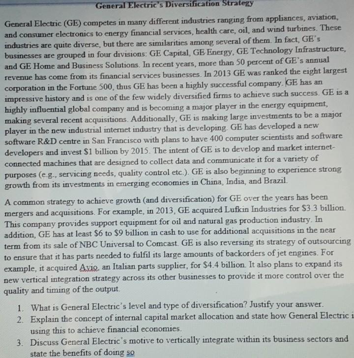 Solved General Electric's Diversification Strategy General | Chegg.com