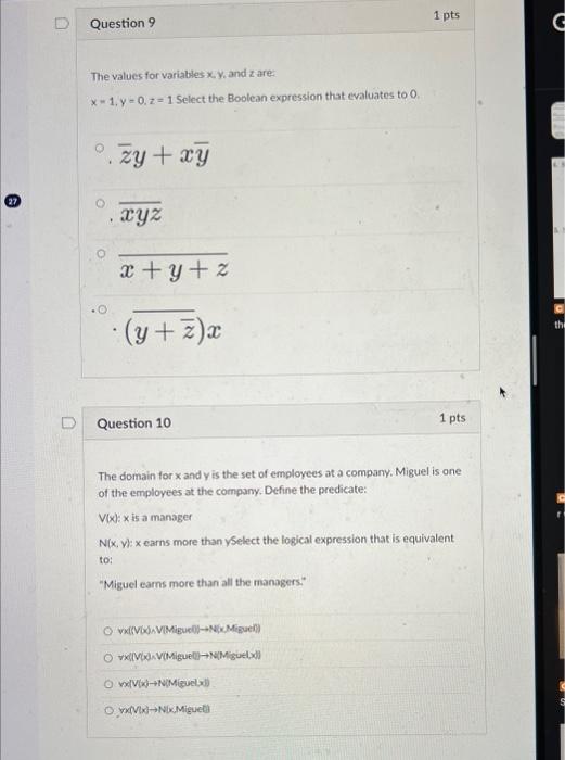 Solved The values for variables x,y, and z are: x=1,y=0,z=1 | Chegg.com
