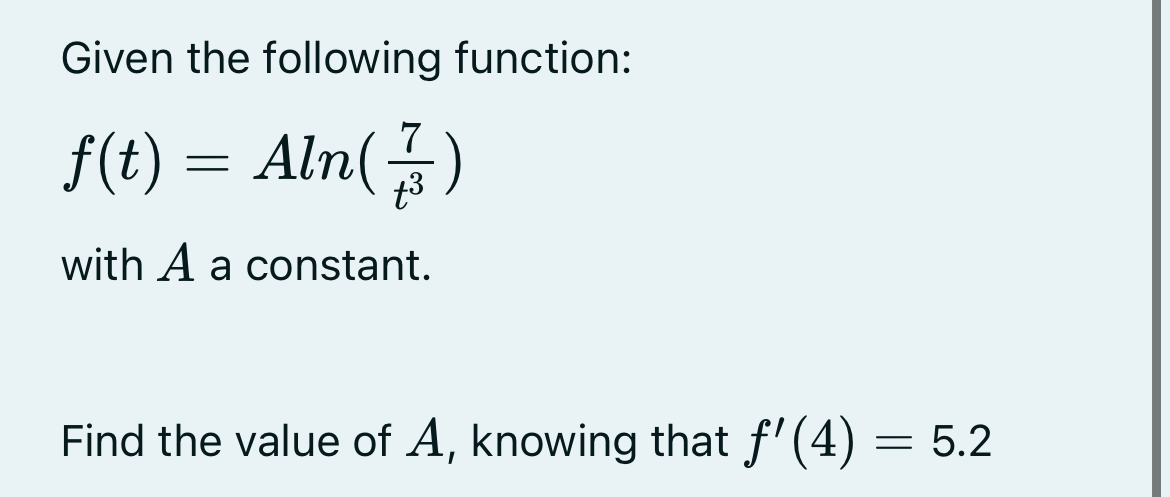 Solved Given the following function: f(t)=Aln(t37) with A a | Chegg.com