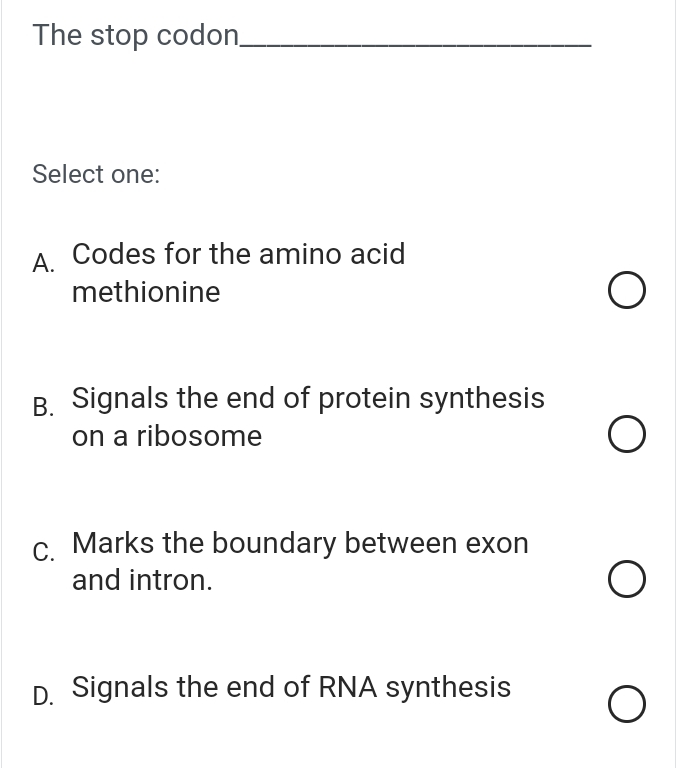 Solved The stop codon_Select one:A. ﻿Codes for the amino | Chegg.com