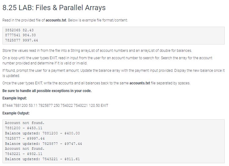 Solved 8.25 ﻿LAB: Files & Parallel Arrays (IN JAVA)Read in | Chegg.com