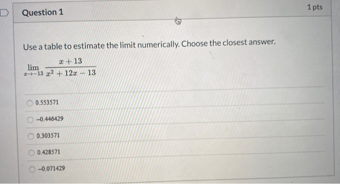 Solved 1 pts Question 1 Use a table to estimate the limit | Chegg.com