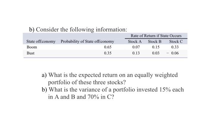 Solved b) Consider the following information: Rate of Return | Chegg.com