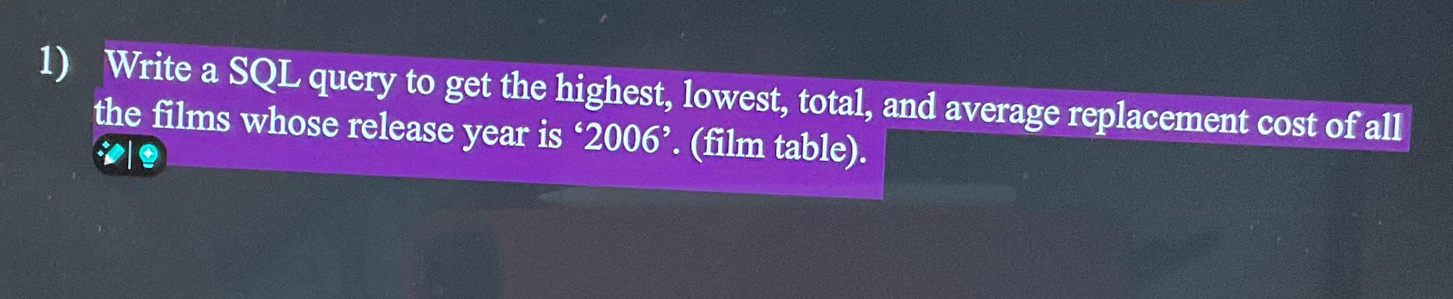 Solved Write a SQL query to get the highest, lowest, total, | Chegg.com