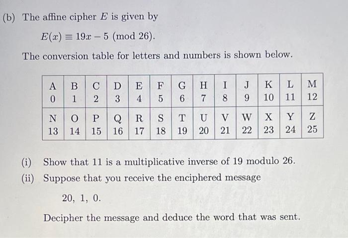 Solved (b) The affine cipher E is given by E(x) = 19x – 5 | Chegg.com