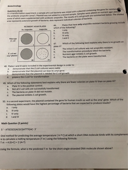 Solved Biotechnology Questions 46-50 in a transformation | Chegg.com