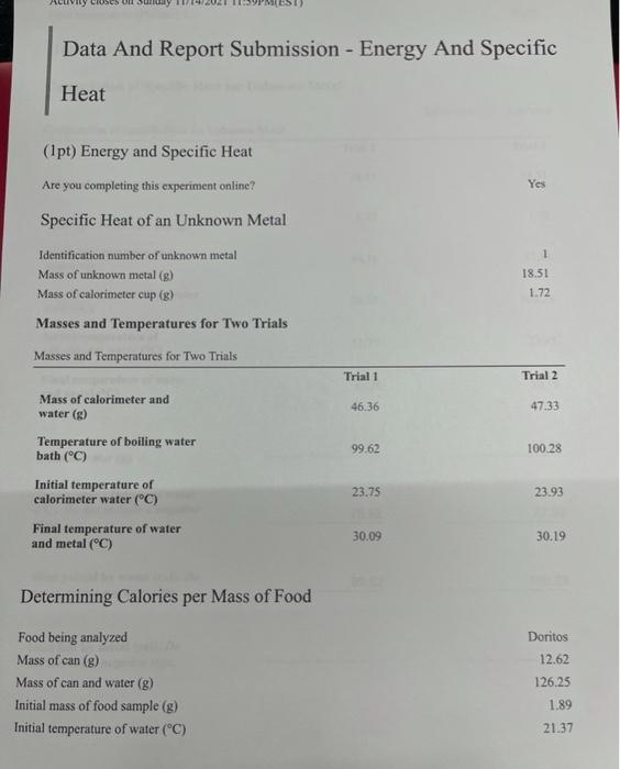 Solved Data And Report Submission - Energy And Specific Heat | Chegg.com