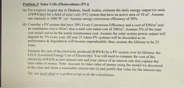 Solved Problem 3: Solar Cells (Photovoltaics (PV)) (a) For a | Chegg.com