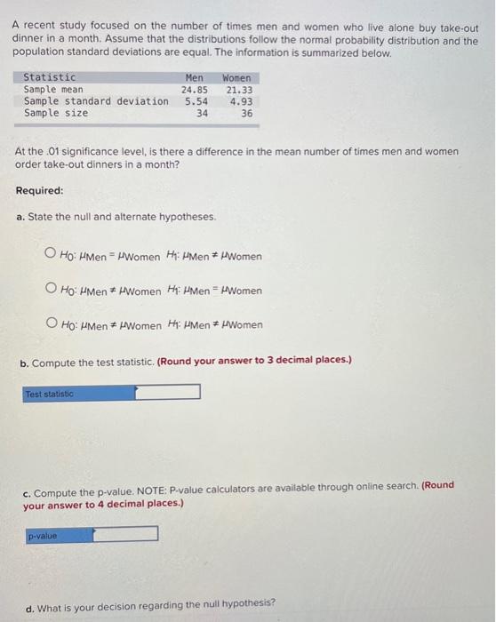 Solved A recent study focused on the number of times men and | Chegg.com