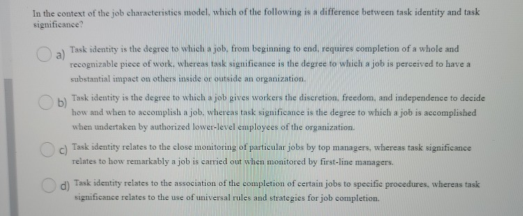 Solved In the context of the job characteristics model, | Chegg.com
