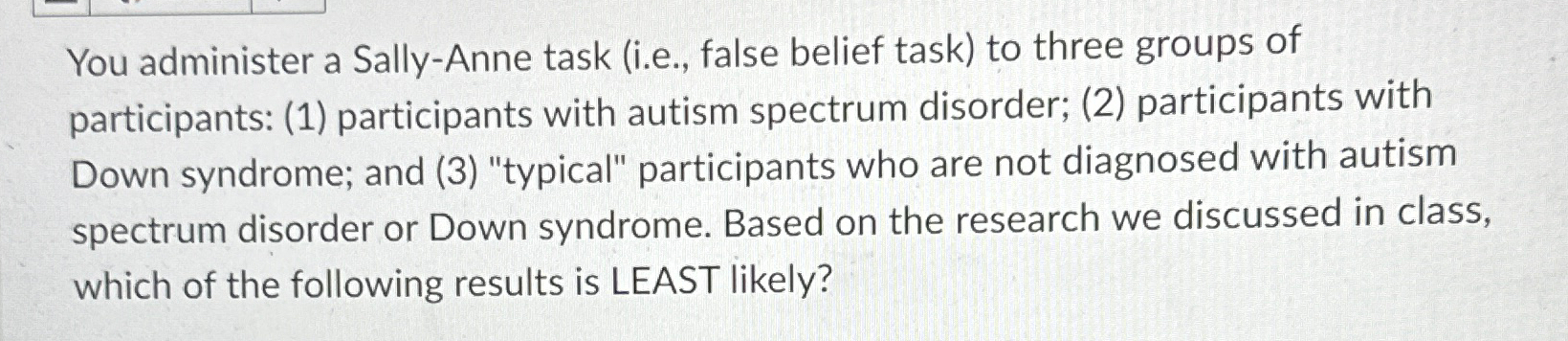 Solved You administer a Sally-Anne task (i.e., ﻿false belief | Chegg.com