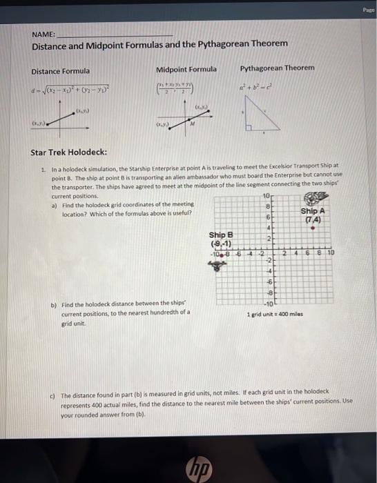 Solved Pace NAME: Distance and Midpoint Formulas and the | Chegg.com
