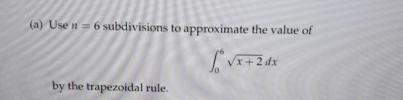Solved (a) ﻿Use n=6 ﻿subdivisions to approximate the value | Chegg.com