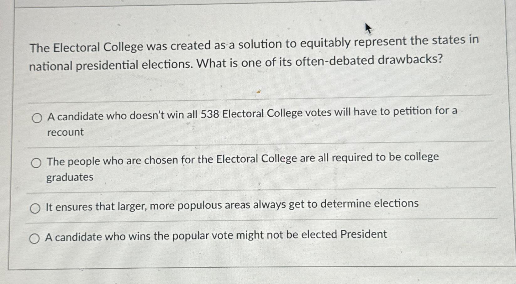 Solved The Electoral College was created as a solution to | Chegg.com