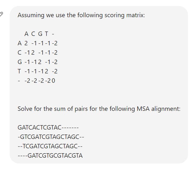 Solved Assuming we use the following scoring matrix: A sub G | Chegg.com