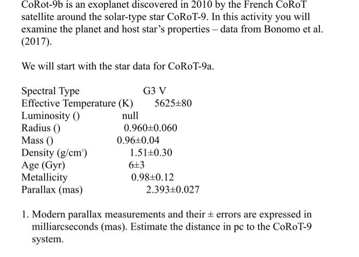 CoRot-9b is an exoplanet discovered in 2010 by the | Chegg.com