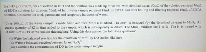 Solved (a) 0.45 g of Caco, was dissolved in HCI and the | Chegg.com