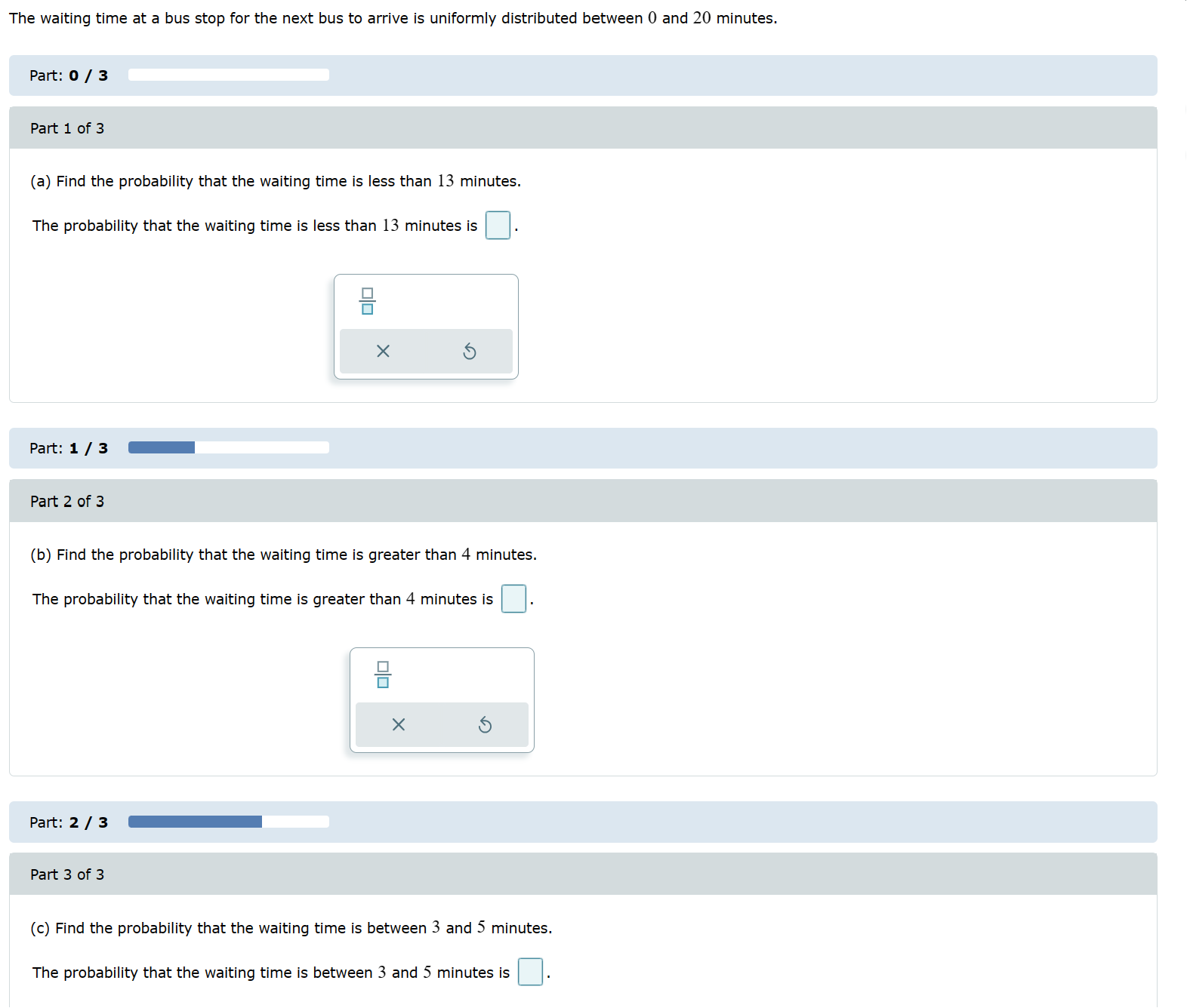 Solved The waiting time at a bus stop for the next bus to | Chegg.com