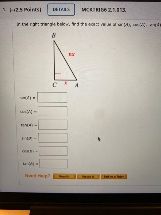 Solved 1. [-/2.5 Points] DETAILS MCKTRIG6 2.1.013. In the | Chegg.com