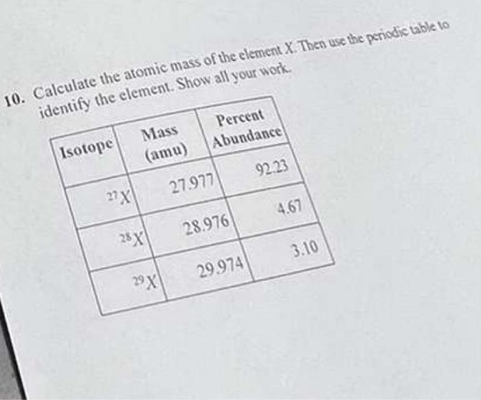 Solved 10. Calculate the atomic mass of the element X Then | Chegg.com