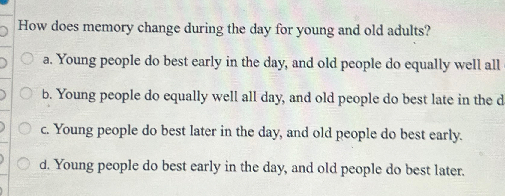 Solved How does memory change during the day for young and | Chegg.com