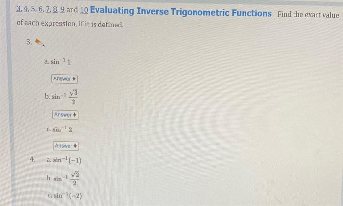Solved 3, 4,5,6,7,8,9 and 10 Evaluating Inverse | Chegg.com