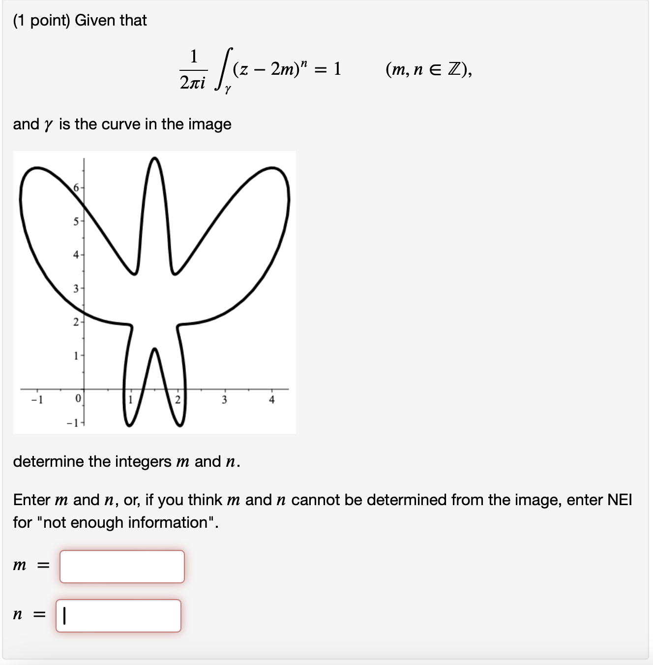 Solved (1 ﻿point) ﻿Given that12πi∫γ﻿(z-2m)n=1,(m,ninZ),and γ | Chegg.com