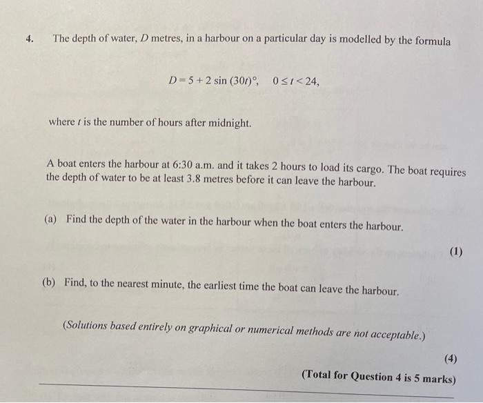 Solved 4. The depth of water, D metres, in a harbour on a | Chegg.com