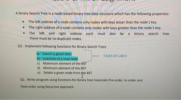 Solved A binary Search Tree is a node-based binary tree data | Chegg.com