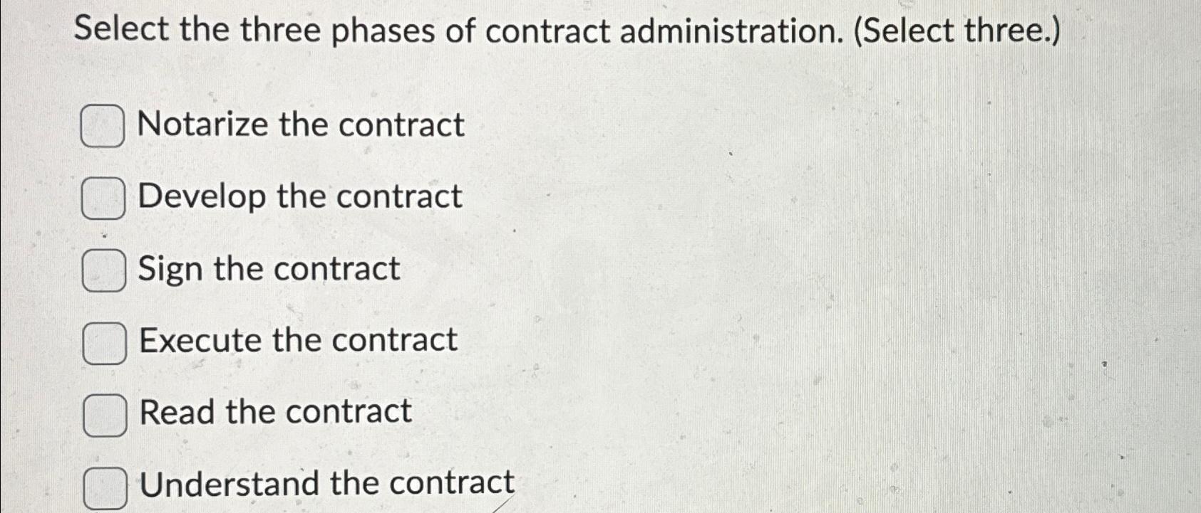 Solved Select the three phases of contract administration. | Chegg.com