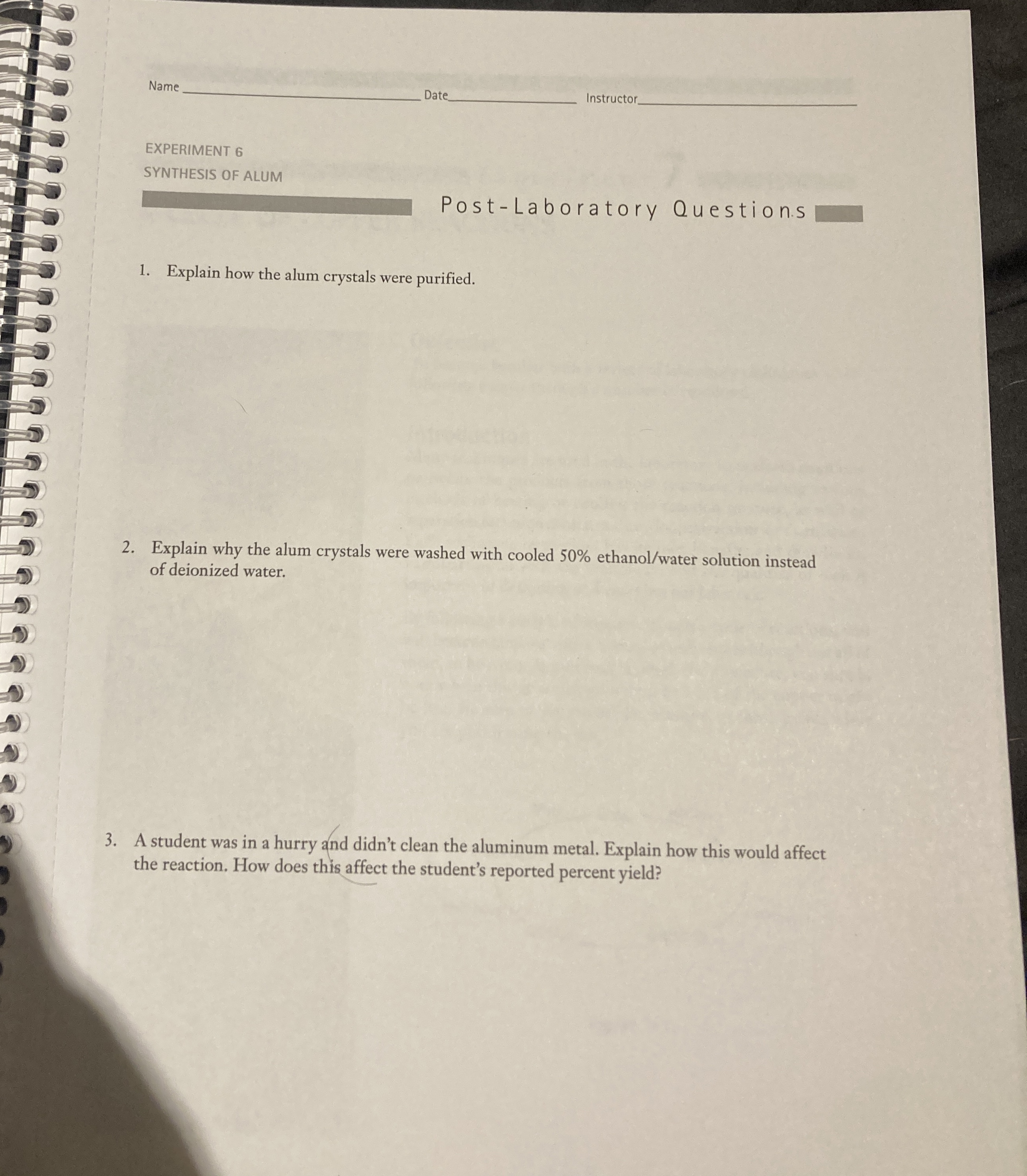 Solved NarDatInstructoEXPERIMENT 6SYNTHESIS OF | Chegg.com