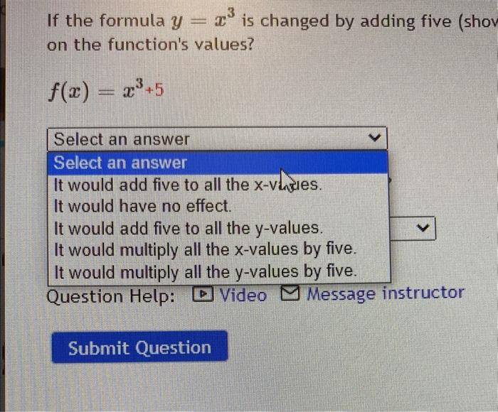 Solved If the formula y=x3 is changed by adding five (shown | Chegg.com