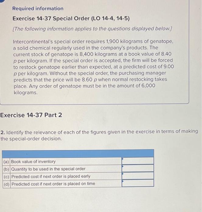 Solved Required information Exercise 14-37 Special Order (LO | Chegg.com