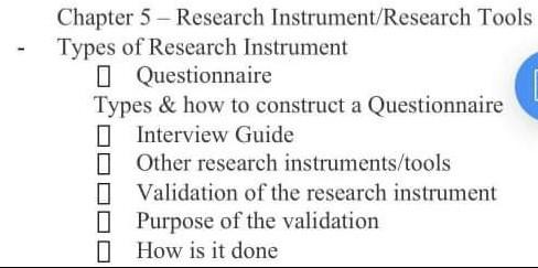Solved Chapter 5 - Research Instrument/Research Tools Types | Chegg.com