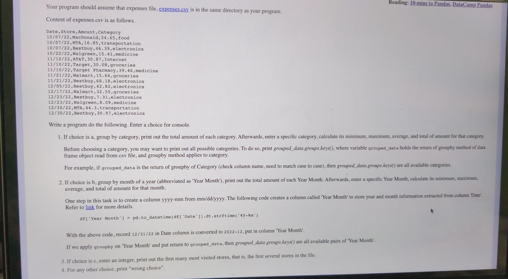 Solved Your program should assume that expenses file, | Chegg.com