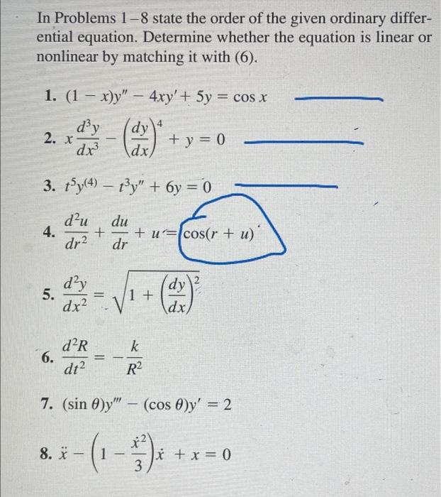 Solved In Problems 1−8 state the order of the given ordinary | Chegg.com