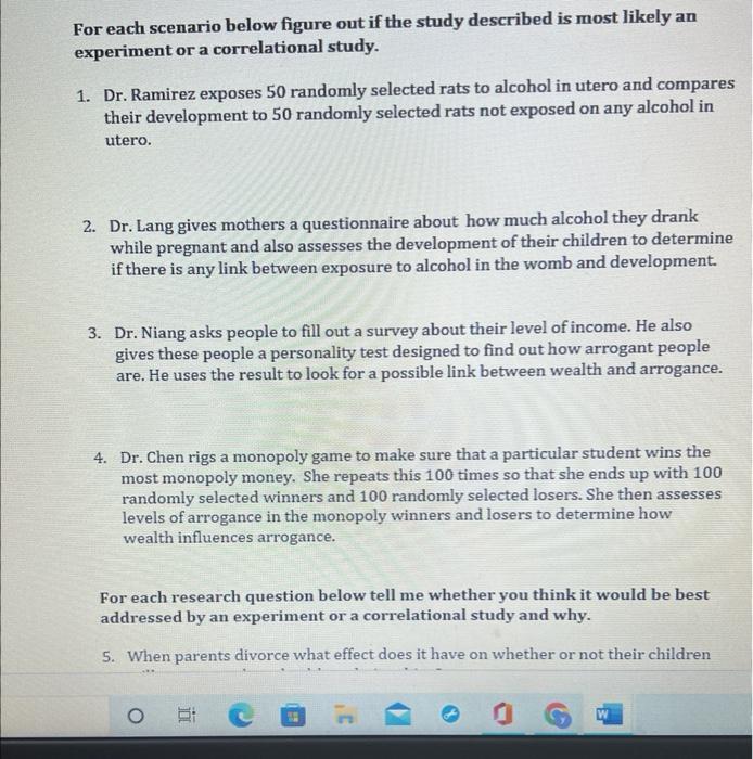 Solved For each scenario below figure out if the study | Chegg.com