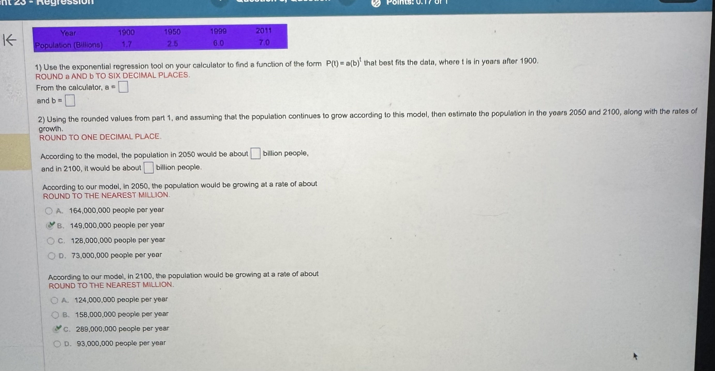 Solved \table[[Year,1900,1950,1998,2019],[Population | Chegg.com