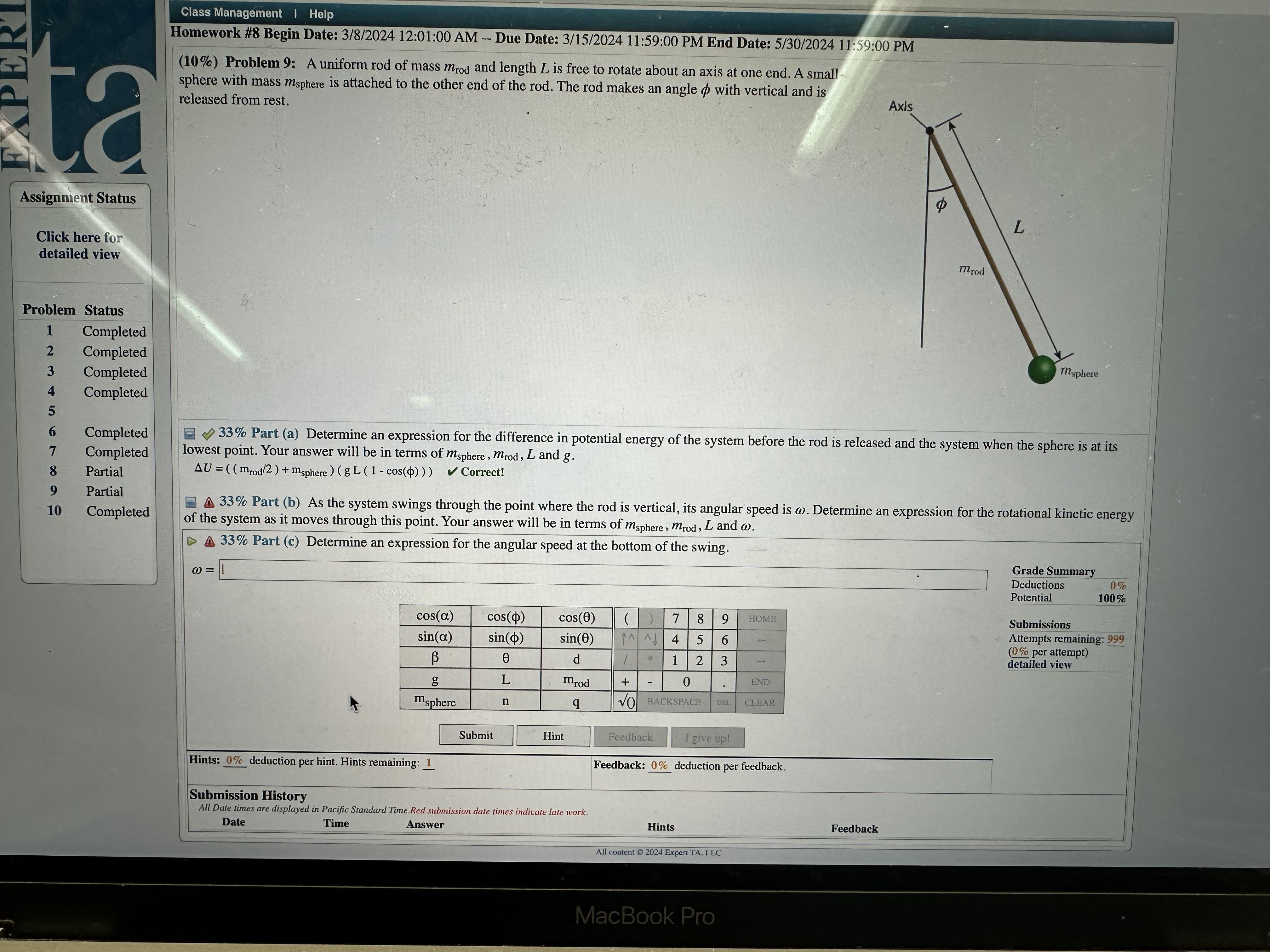 Solved A uniform rod of mass mrod ﻿and length L is free to | Chegg.com