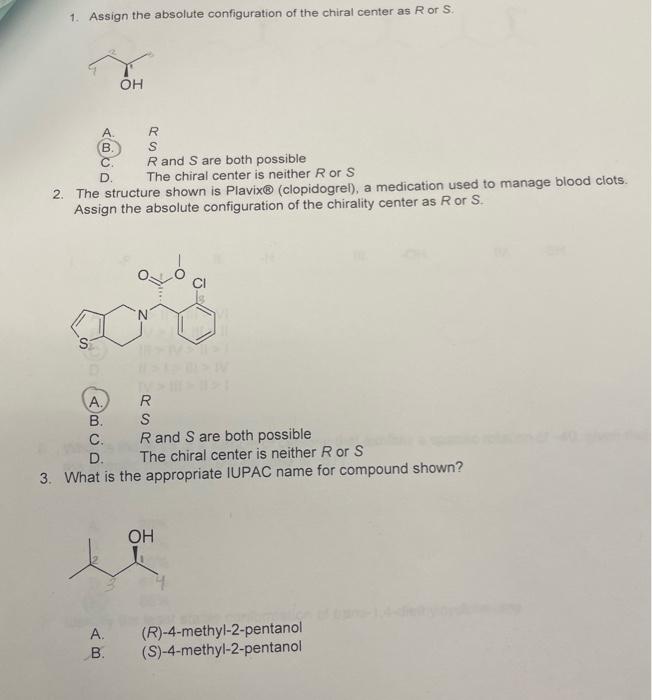 Solved 1. Assign the absolute configuration of the chiral | Chegg.com