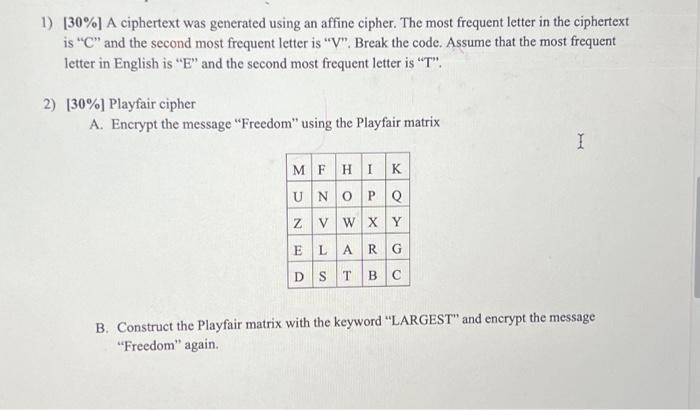 1) [30%] A ciphertext was generated using an affine | Chegg.com
