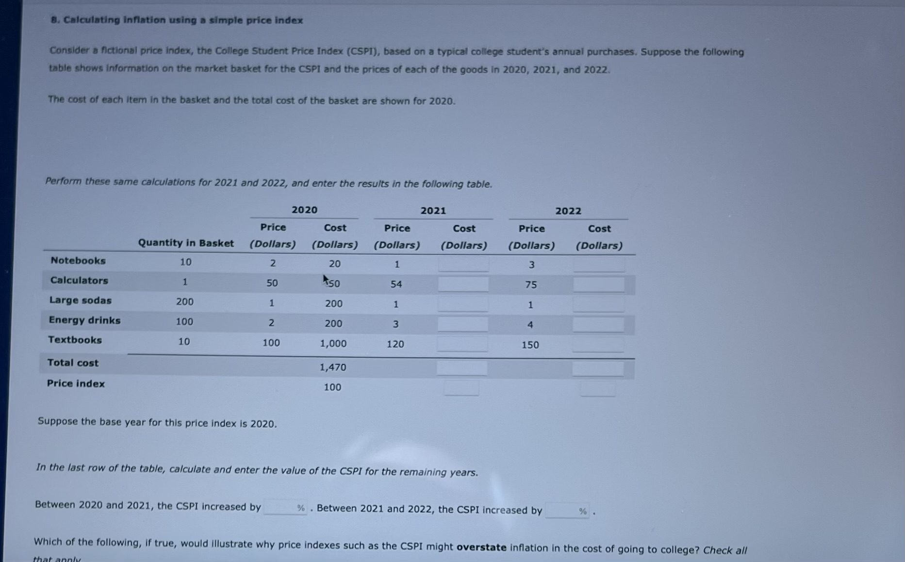 Solved Calculating inflation using a simple price | Chegg.com
